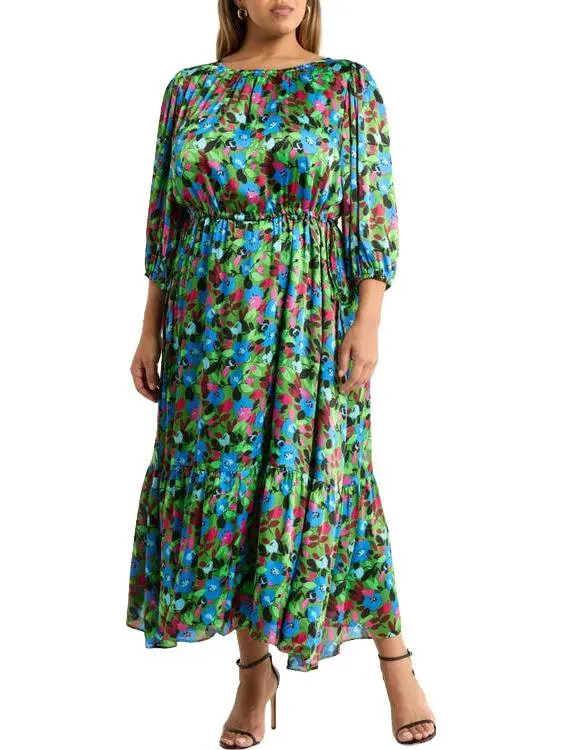 SUGARLIPS Floral Print Long Sleeve Maxi Dress - Green-blue-fuchsia