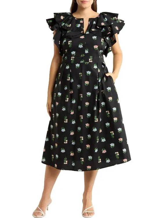 SUGARLIPS Mayrel Floral Print Maxi Dress - Black-coral-green
