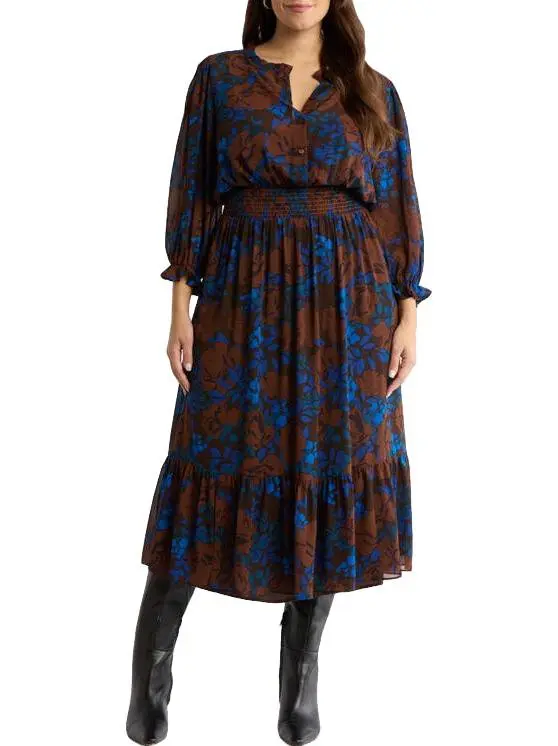 SUGARLIPS Floral Ruffle Shirtdress - Brown-blu