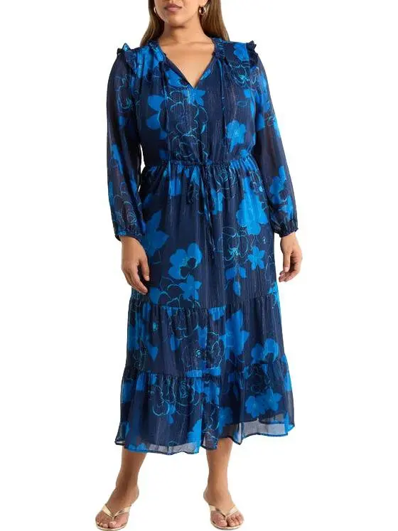SUGARLIPS Metallic Floral Print Long Sleeve Dress - Navy-blue