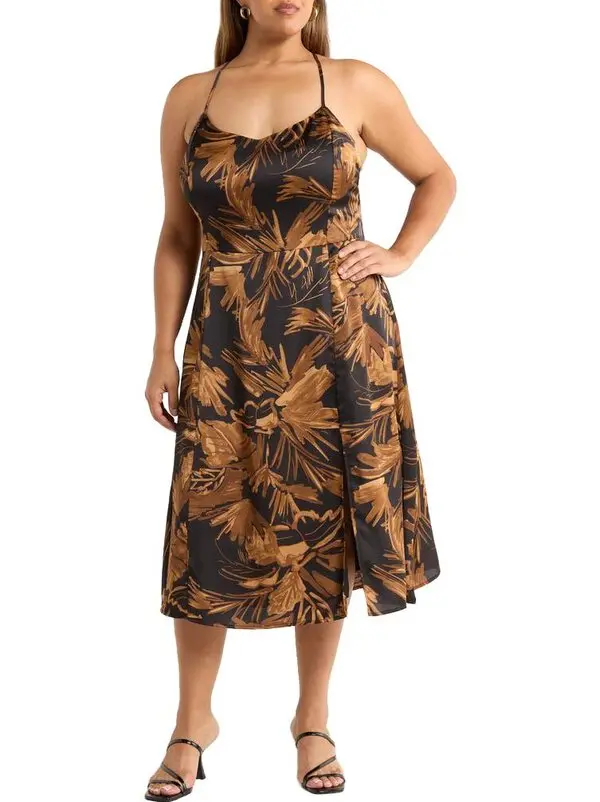 SUGARLIPS Palm Tropics Sleeveless Satin Sundress - Black-tan