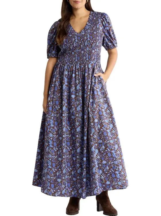 SUGARLIPS Floral Print Smocked Maxi Dress - Brown-blue
