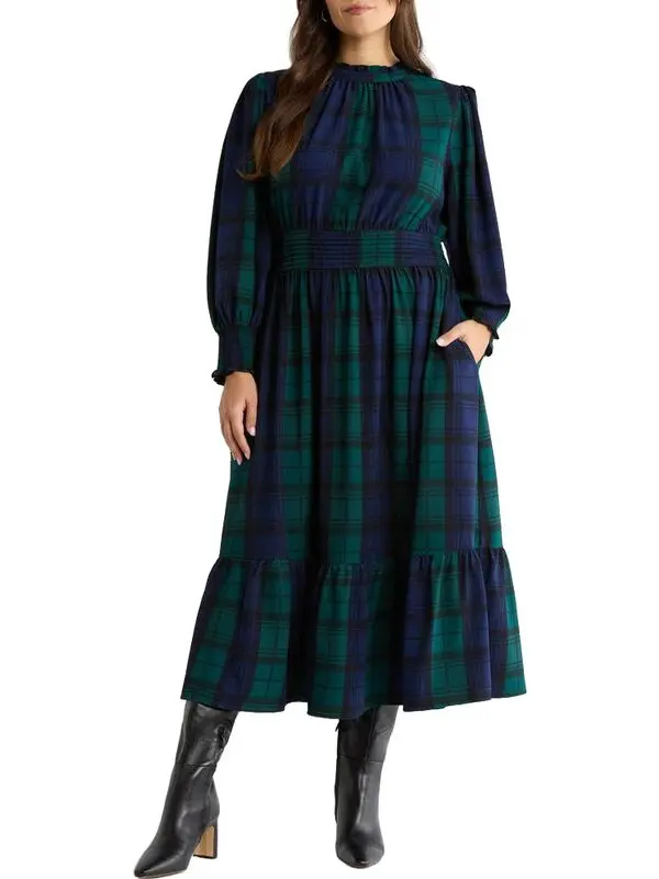 SUGARLIPS Plaid Long Sleeve Maxi Shirtdress - Navy-green-multi