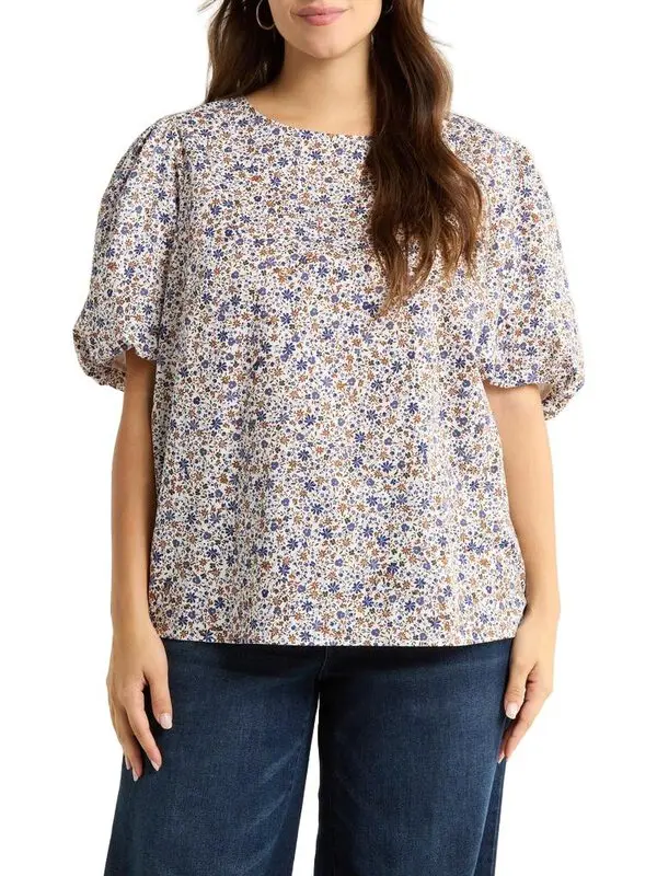 SUGARLIPS Heath Floral Print Puff Sleeve Shirt - Cream-multi
