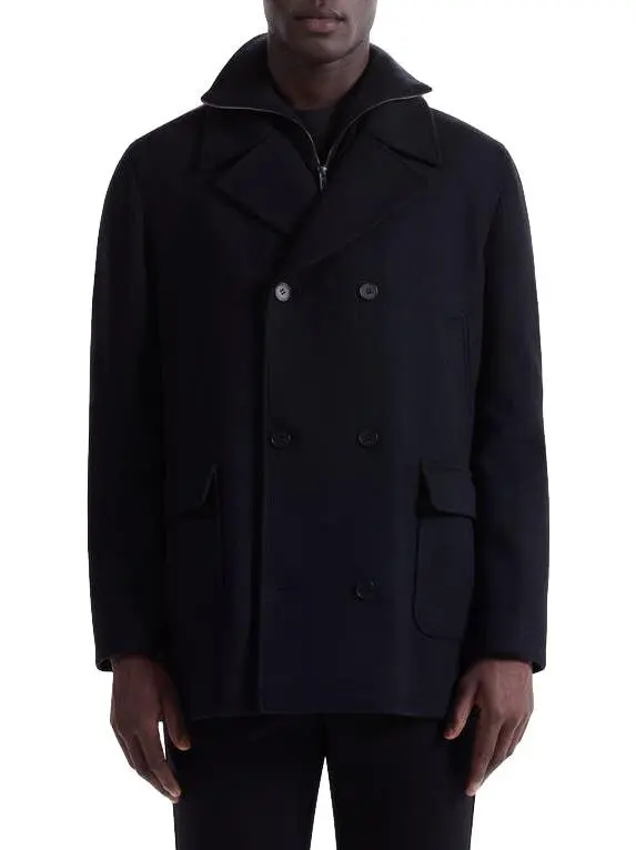 Bugatchi Leather Trim Wool Blend Tweed Peacoat - Black