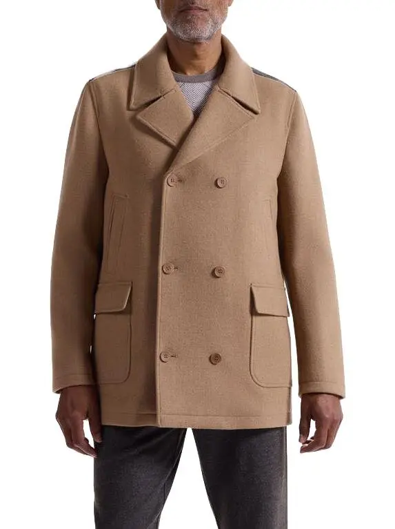 Bugatchi Leather Trim Wool Blend Tweed Peacoat - Camel