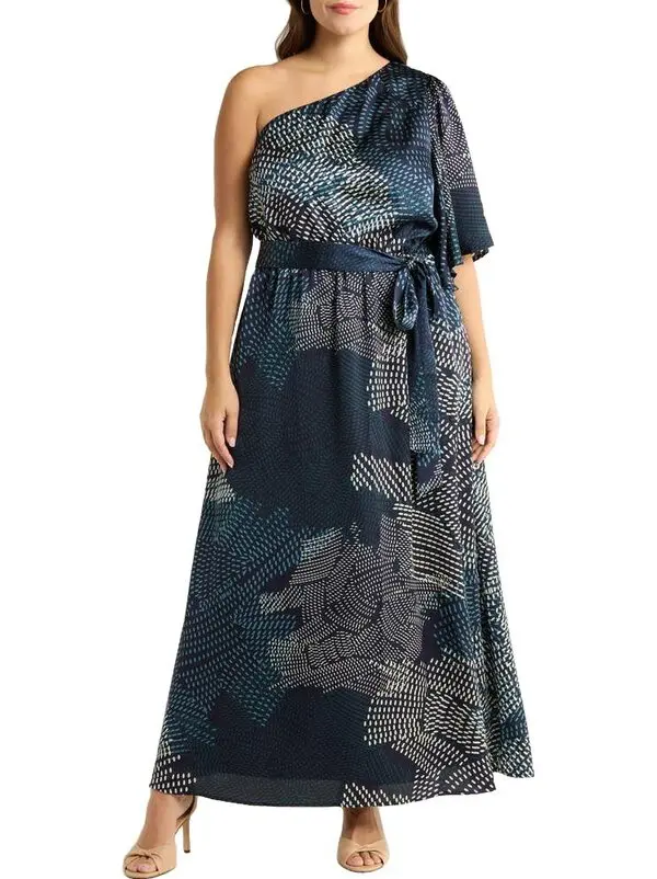 SUGARLIPS Printed One-shoulder Satin Maxi Dress - Navy-cream