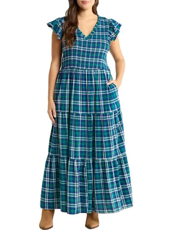 SUGARLIPS Buckley Plaid Smocked Maxi Dress - Navy-green