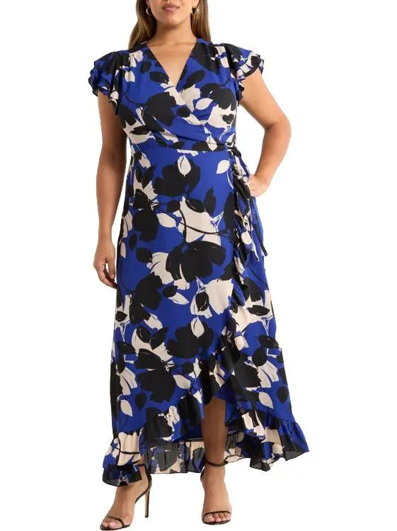 SUGARLIPS Anthem Floral Print Maxi Wrap Dress - Blue-black