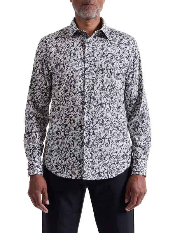 Bugatchi Julian Shaped Fit Floral Print Stretch Cotton Button-up Shirt - Black