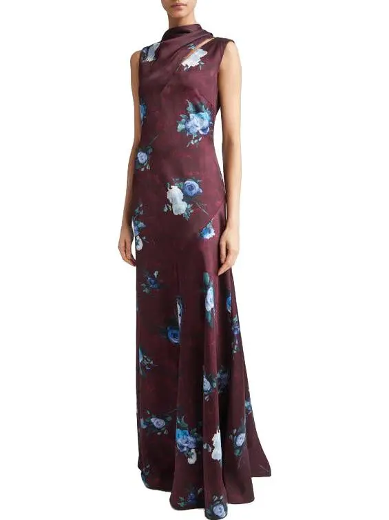 Erdem Abstract Rose Print Cutout Satin Gown - Abstract Rose Mulberry Red