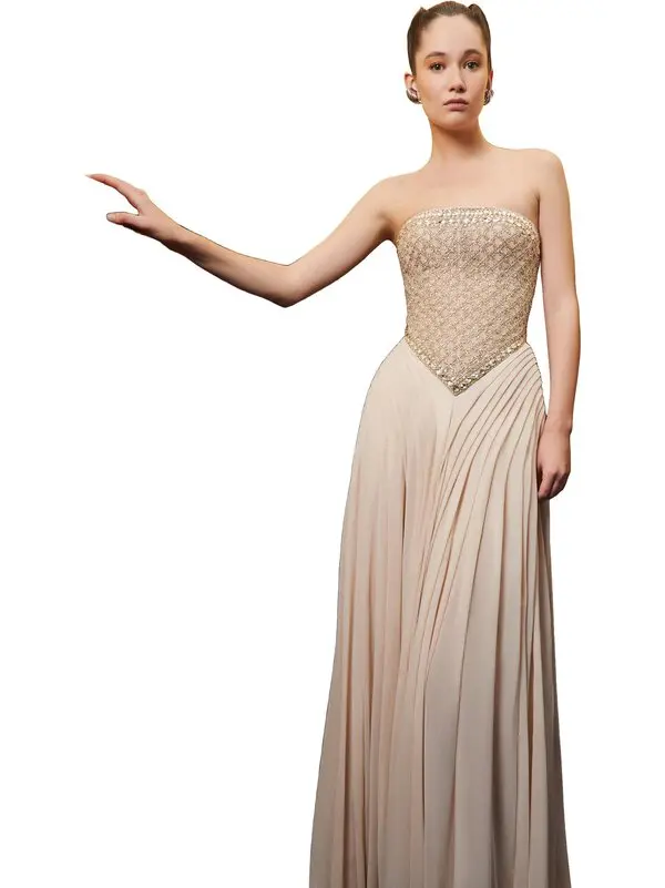 GEORGES HOBEIKA Strapless Gown With Embellished Bustier And Pleated Skirt - Light Pink