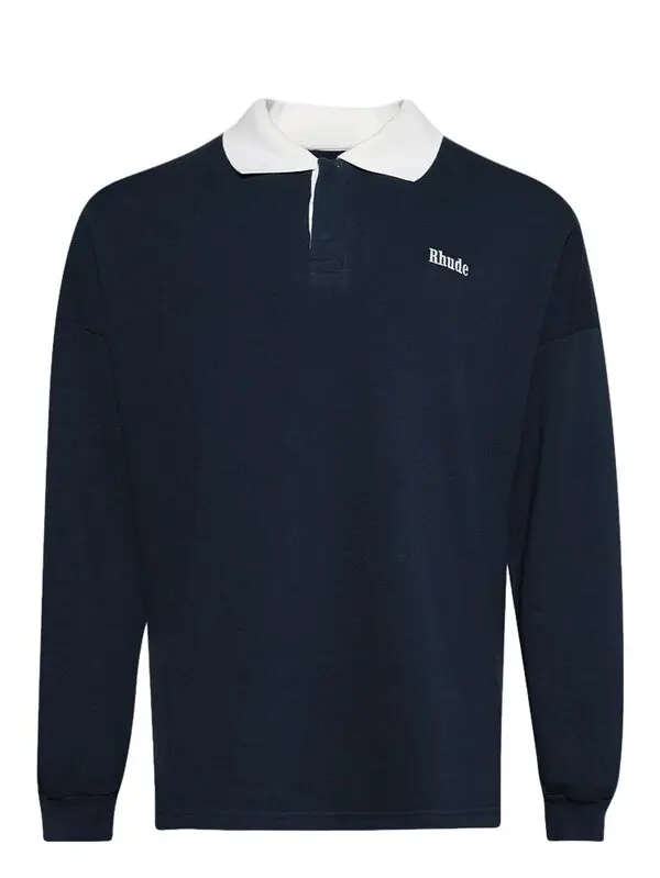 Rhude Long Sleeve Pique Polo Dark Navy And White - Blue