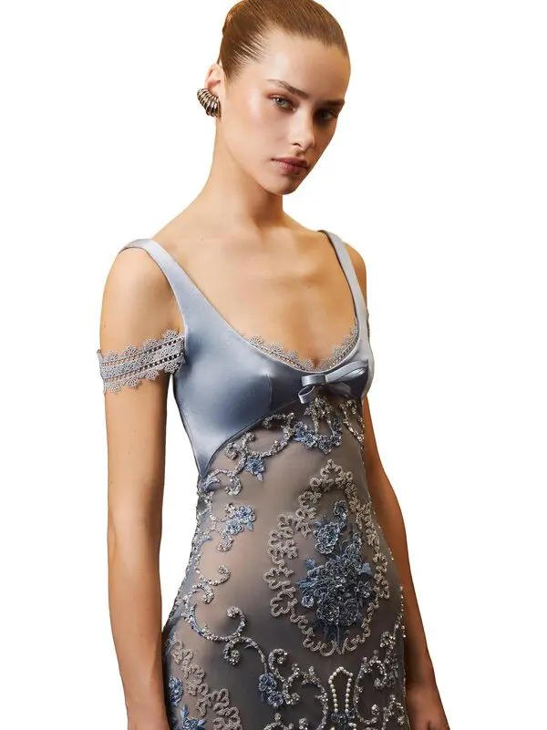 GEORGES HOBEIKA Satin Sheer Evening Gown - Blue