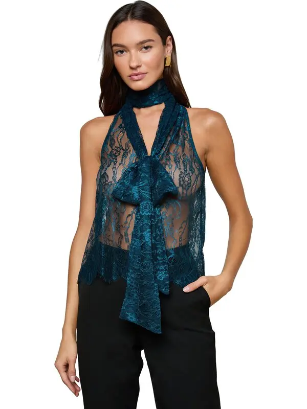 L'Agence Reece Lace Tie Neck Blouse Top - Deep Teal