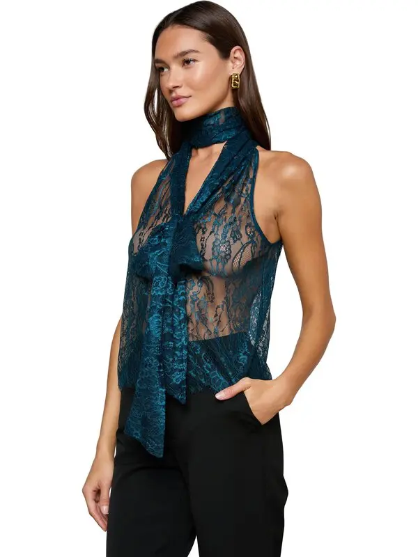 L'Agence Reece Lace Tie Neck Blouse Top - Deep Teal
