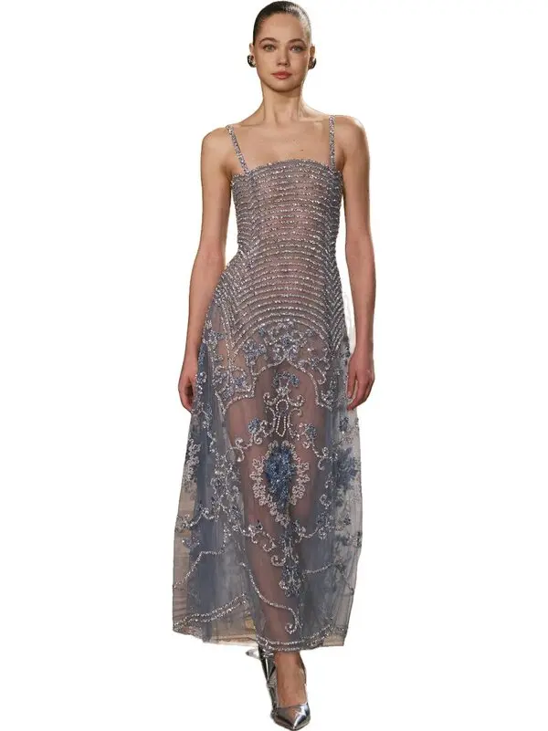GEORGES HOBEIKA Sequined Embellished Sheer Maxi Dress - Blue