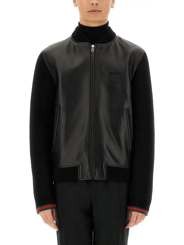 Gucci Nappa Leather And Knitted Bomber Jacket - Black