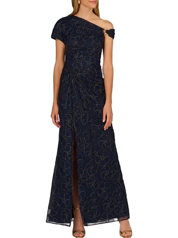 Aidan Mattox Metallic Floral One-shoulder Gown - Navy/gold