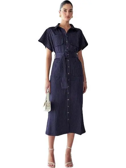 WILLA Wichita Pinstripe Midi Dress - Navy Pinstripe