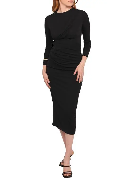 PETAL & PUP Ruched Long Sleeve Midi Dress - Black