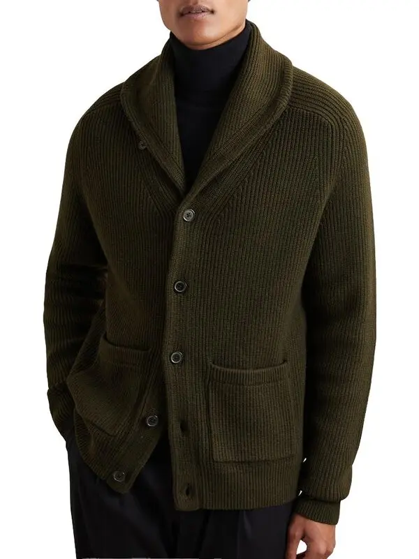 REISS Cannon Ribbed Knit Cardigan - Dark Olive Green