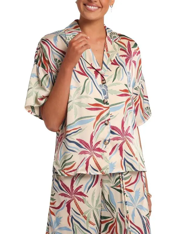 PETAL & PUP Illoura Palm Tree Print Camp Shirt - Tahitian Tide