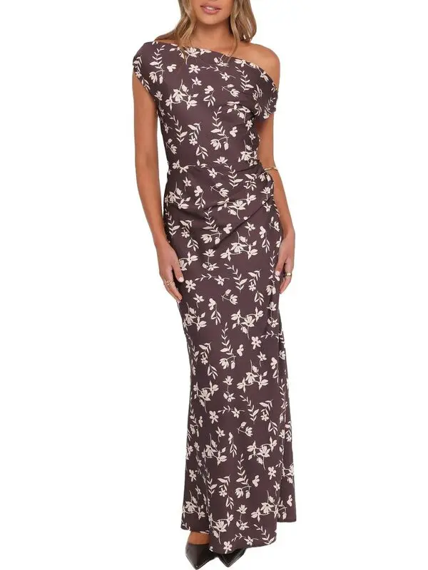 PETAL & PUP Zafira Floral One-shoulder Maxi Dress - Brown Cream Floral