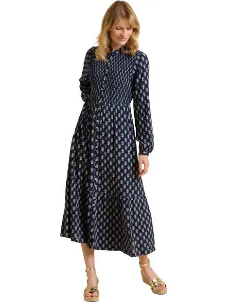 BRAKEBURN Lark Long Sleeve Button Midi Dress - Navy