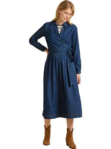BRAKEBURN Fern Long Sleeve V-neck Shirt Midi Dress - Blue