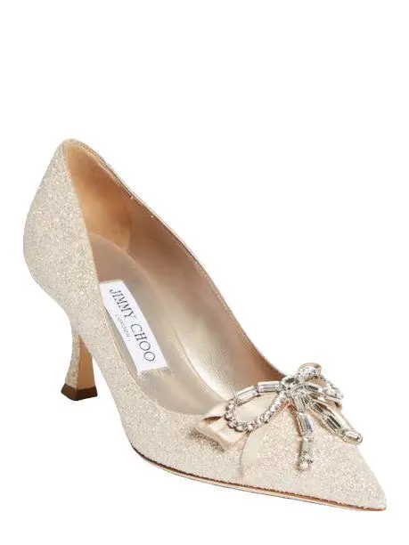 JIMMY CHOO Auria Crystal Bow Glitter Pumps - Light Soft Gold/crystal