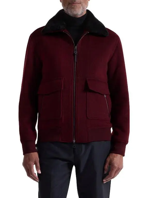 Bugatchi Wool-blend Bomber Jacket With Detachable Shearling Collar - Burgundy