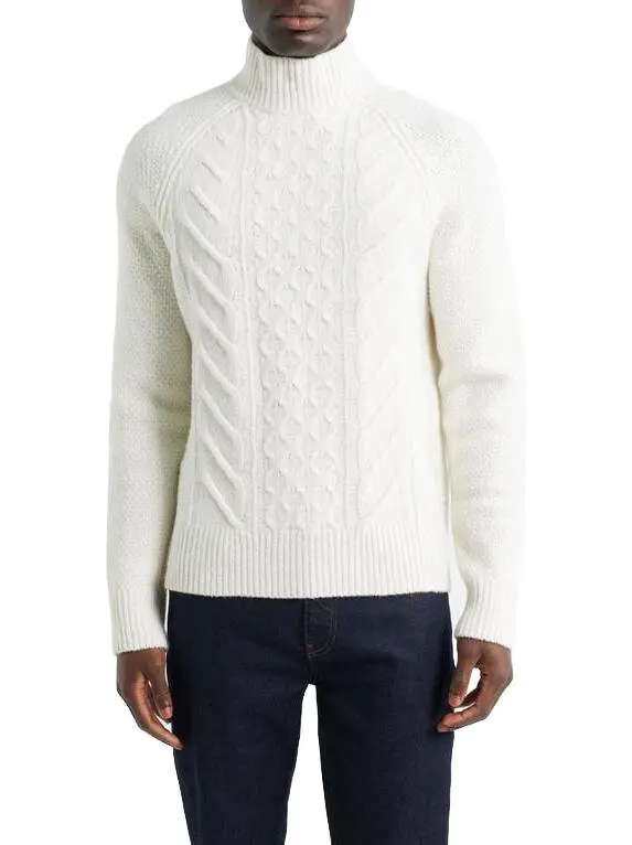 Hugo Boss Hector Cable Virgin Wool & Silk Mock Neck Sweater - Open White