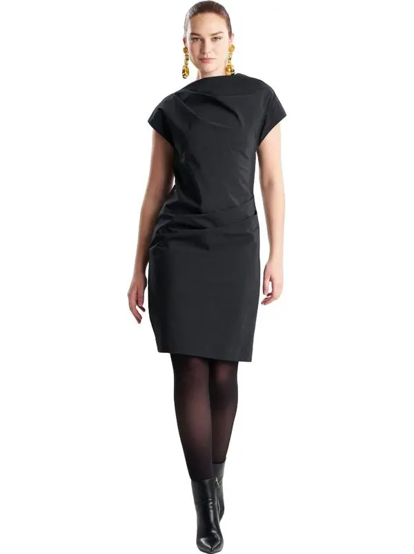 Natori Taffeta Asymmetric Draped Dress - Black