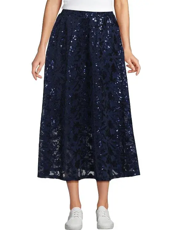 LANDS' END Sequin Lace Midi Skirt - Deep Sea Navy