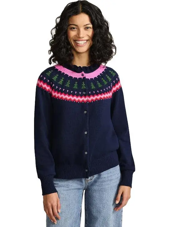 LANDS' END Drifter Lurex Ruffle Neck Jacquard Cardigan Sweater - Christmas Trees/navy