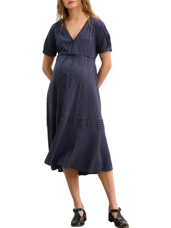 Hatch V-neck Gingham Seersucker Midi Dress - Shadow Blue