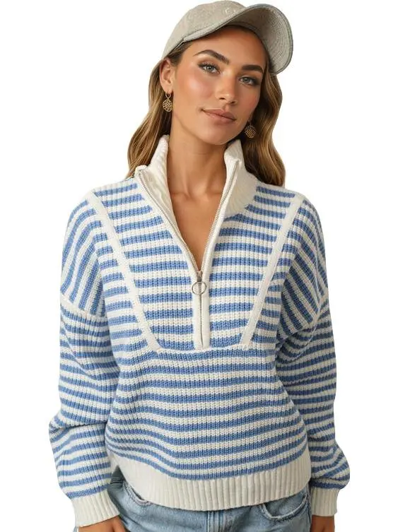 KNIT & LOUNGE Striped Half Zip Knit Pullover - Blue/cream Stripes