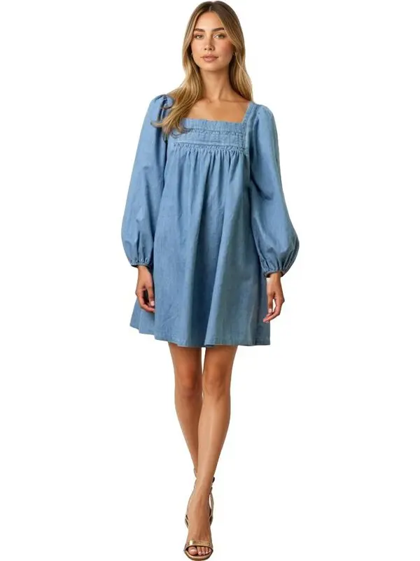 KNIT & LOUNGE Square Neck Mini Dress - Denim Blue