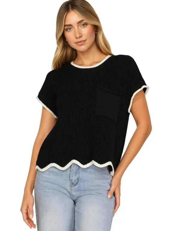 KNIT & LOUNGE Contrast Trim Pocket Short Sleeve Knit Top - Black /white Trim