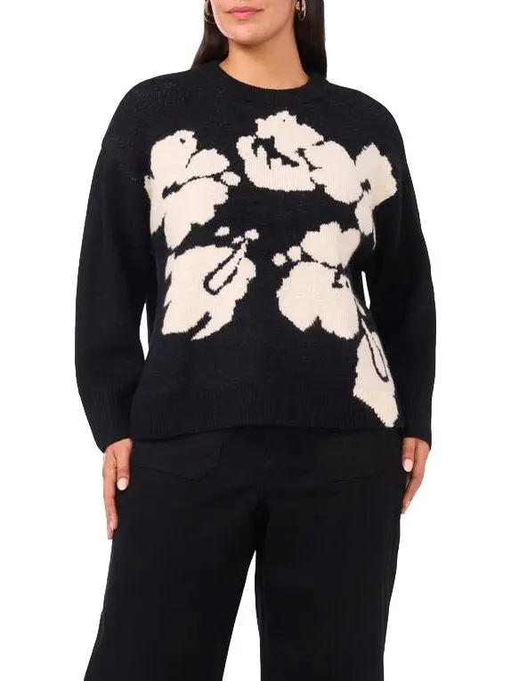 Vince Camuto Floral Jacquard Crewneck Sweater - Rich Black