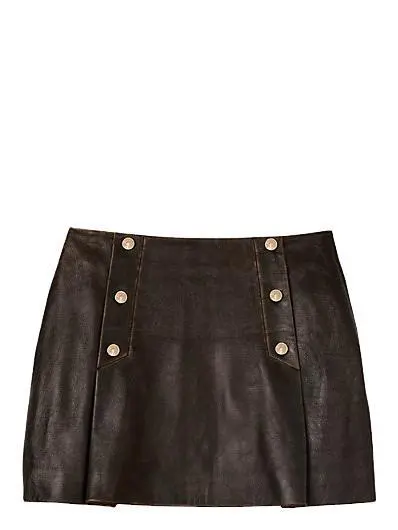 Sandro Aged Double-breasted Leather Mini Skirt - Brown