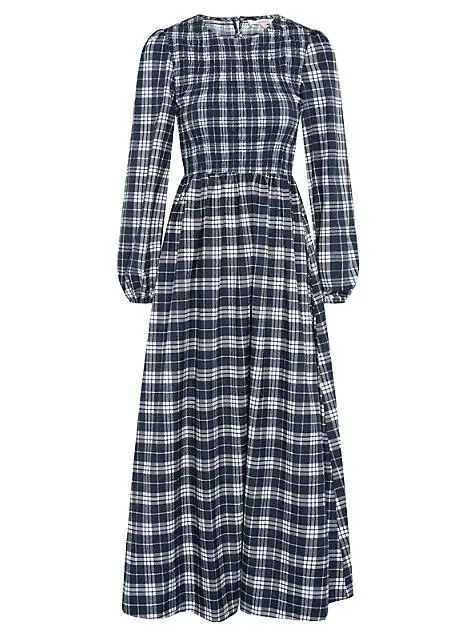 OMNES Saint Checked Cotton Midi Dress - Navy Check