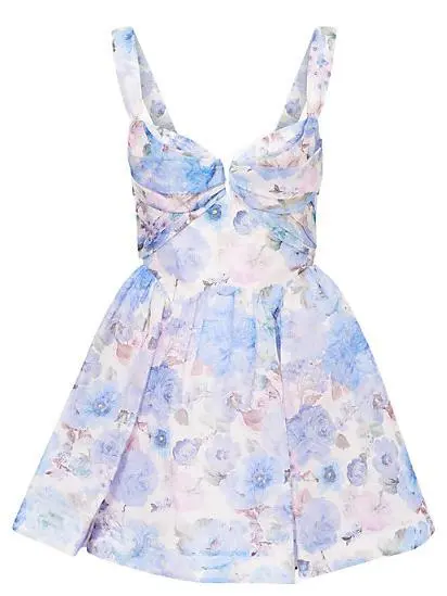 Zimmermann Floral Linen And Silk Mini Dress - Sky Bloom