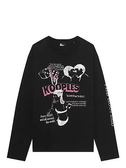 The Kooples Graphic-print Long-sleeve Cotton T-shirt - Black Washed