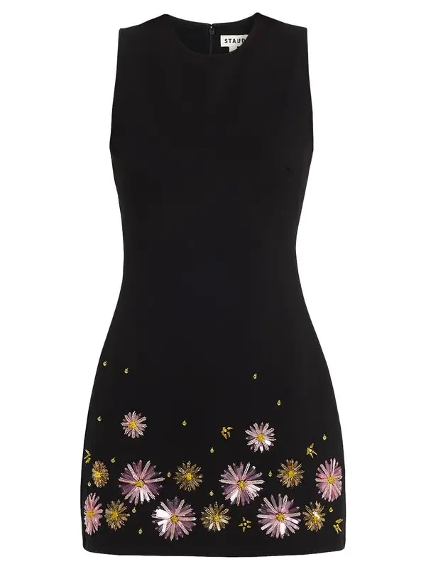 Staud Mercer Glass Beaded Mini Dress - Dahlia Daydream Black