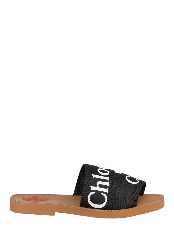 Chloé Woody Flat Logo Ribbon Slide Sandals - Black