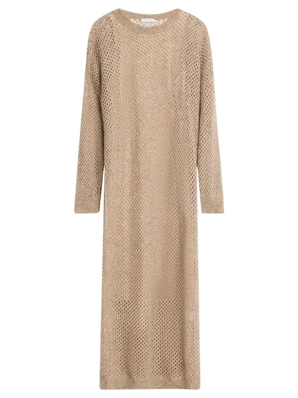 Brunello Cucinelli Mohair Diamante Paillette Maxi Sweater Dress - C3592 Warm Brown