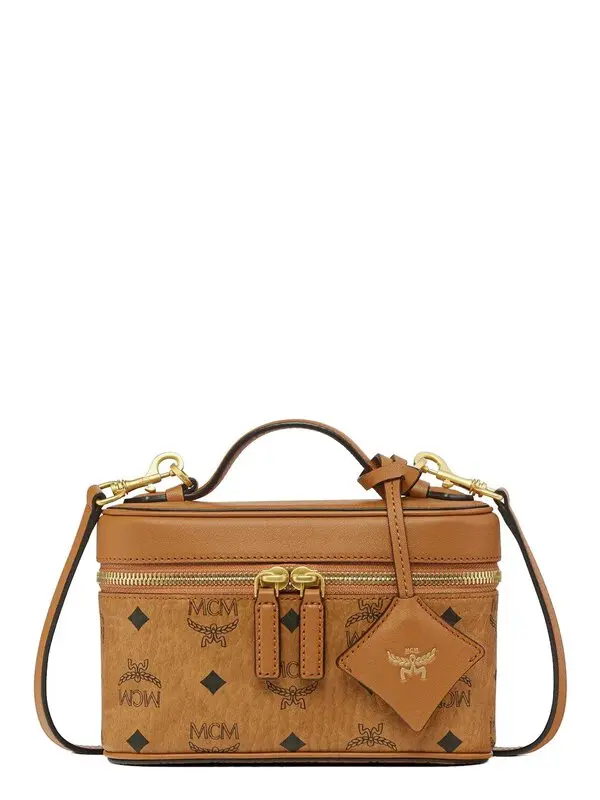 Mcm Vanity Case In Visetos Leather Mix - Cognac