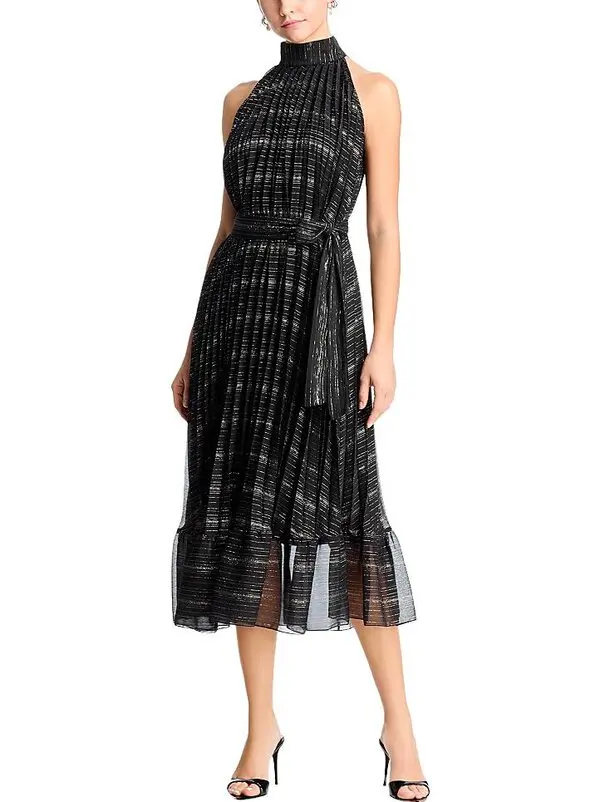 T Tahari Pleated Belted Dress - Black/ Silver